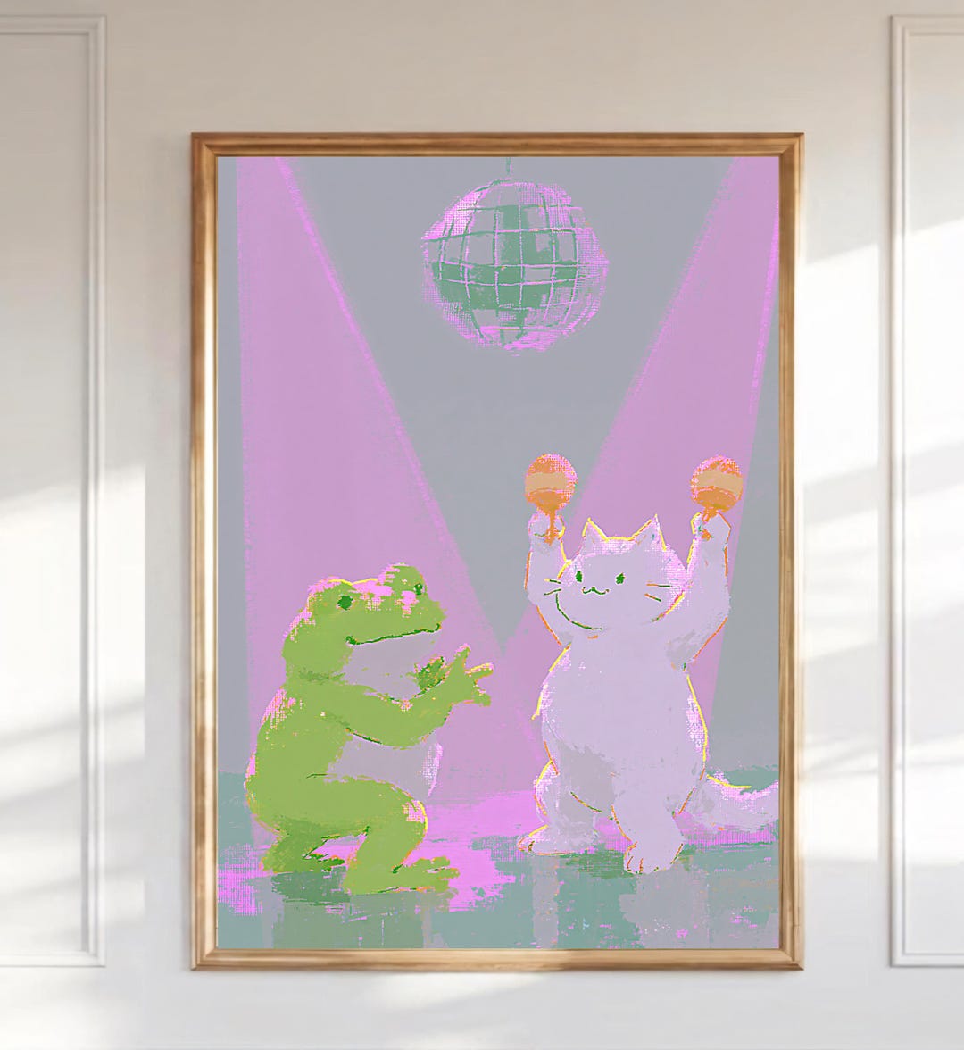 Disco Cat Frog Art Print, Groovy Retro Animal Poster, Whimsical Party ...