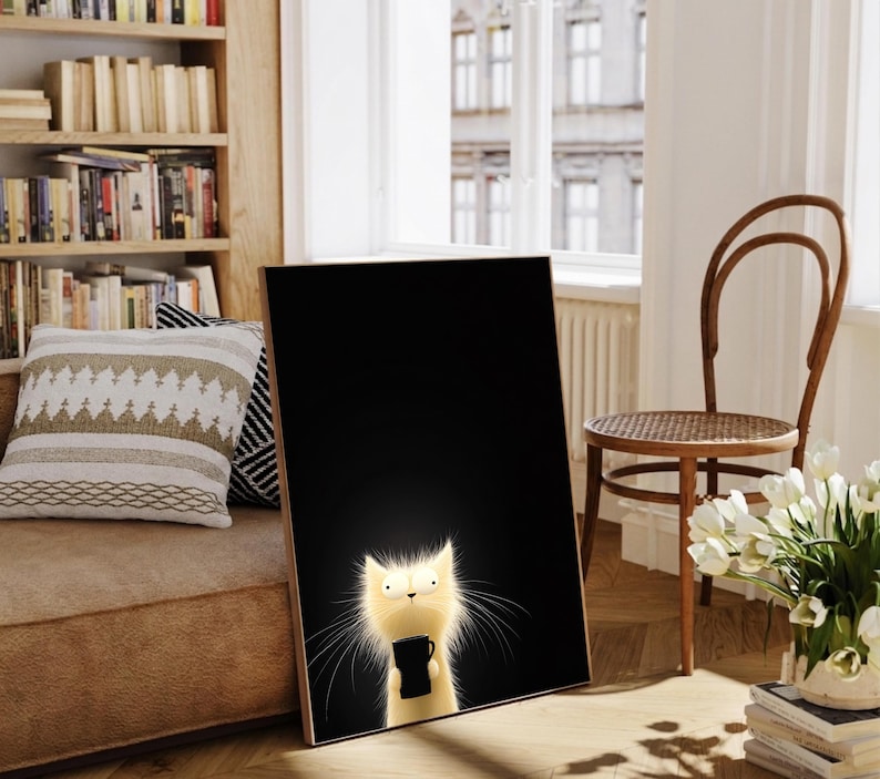 Grumpy Cat Coffee Wall Art, Moody Feline Illustration, Dark Humor Lover ...