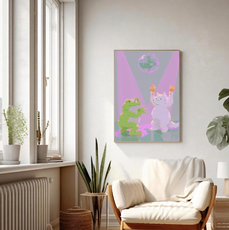 Disco Cat Frog Art Print, Groovy Retro Animal Poster, Whimsical Party ...