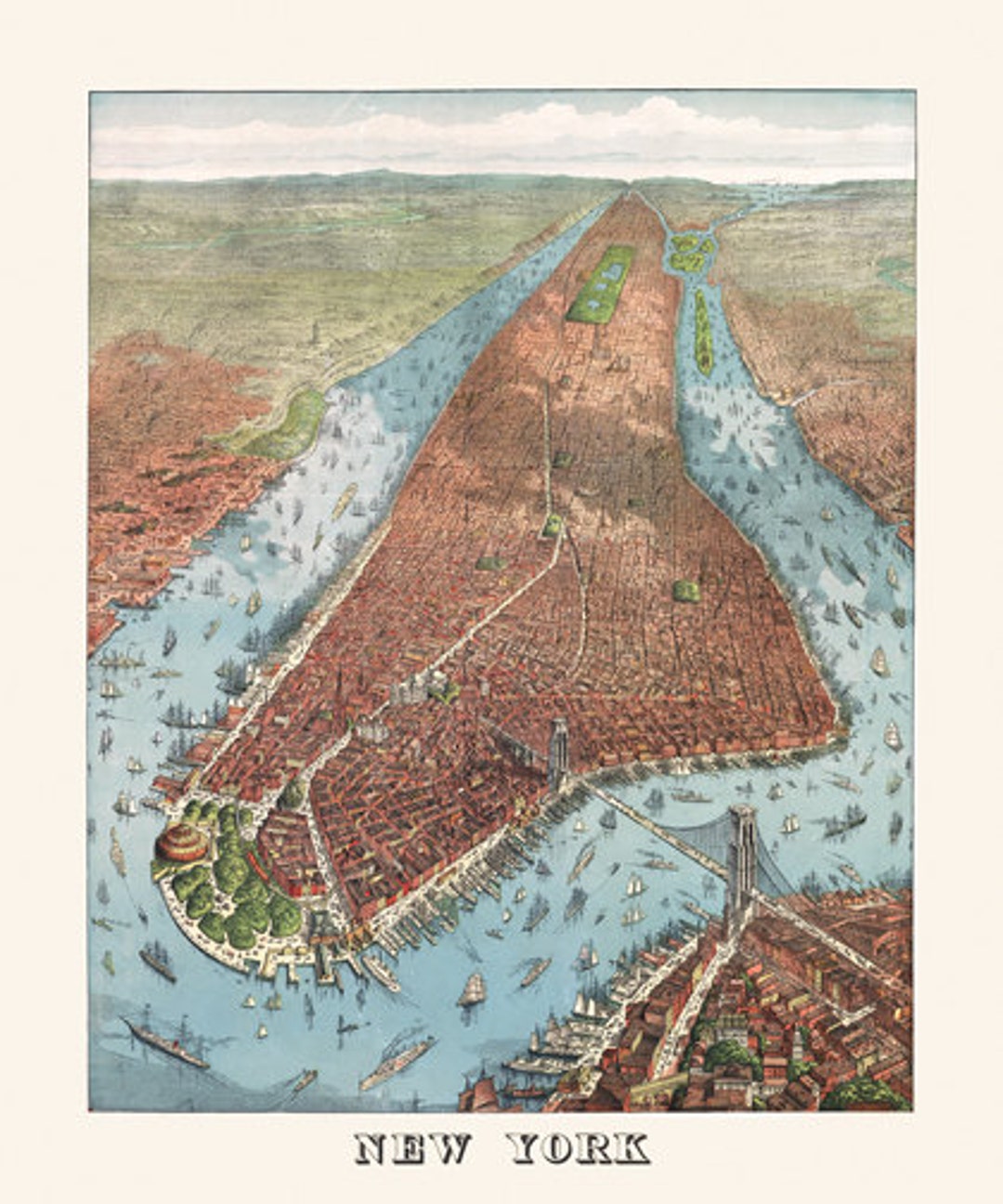 Lower Manhattan Map Vintage 1800s Art Illustration New York City NYC ...