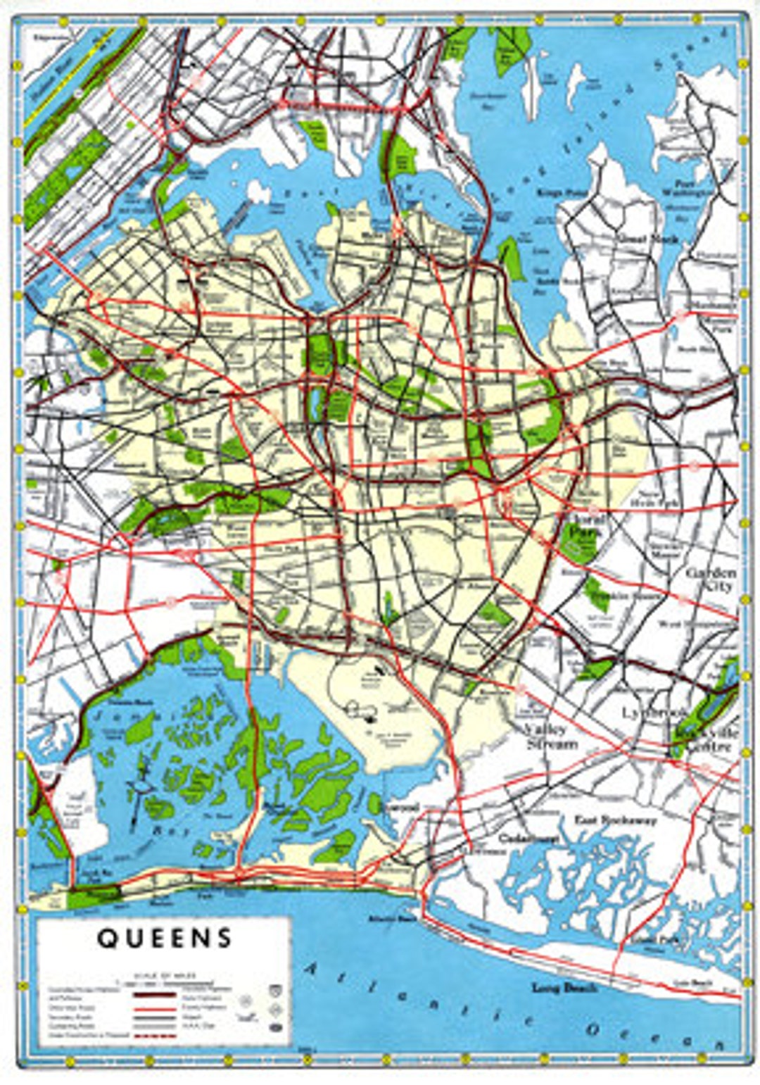 Queens Map Vintage 1960s Art Illustration New York City NYC - Digital ...