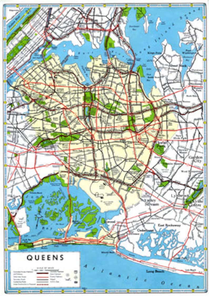 Queens Map Vintage 1960s Art Illustration New York City NYC - Digital ...