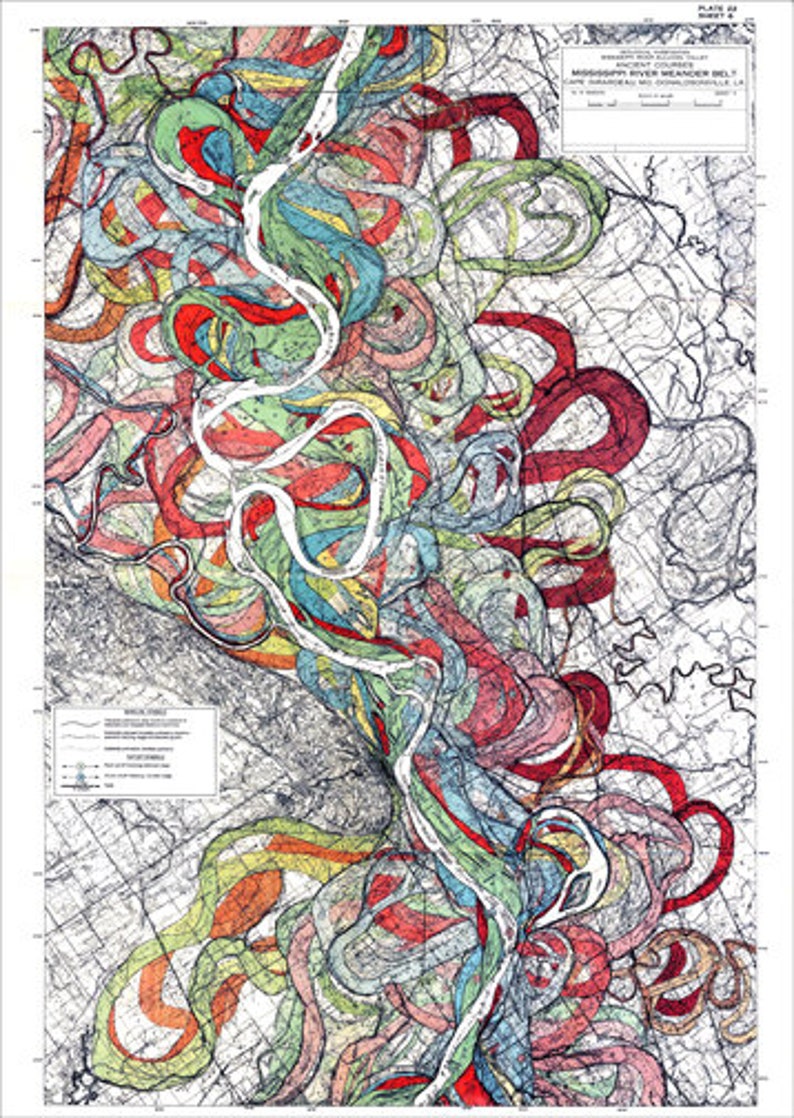 Mississippi River Meander Map Vintage Art Illustration - Digital Image ...