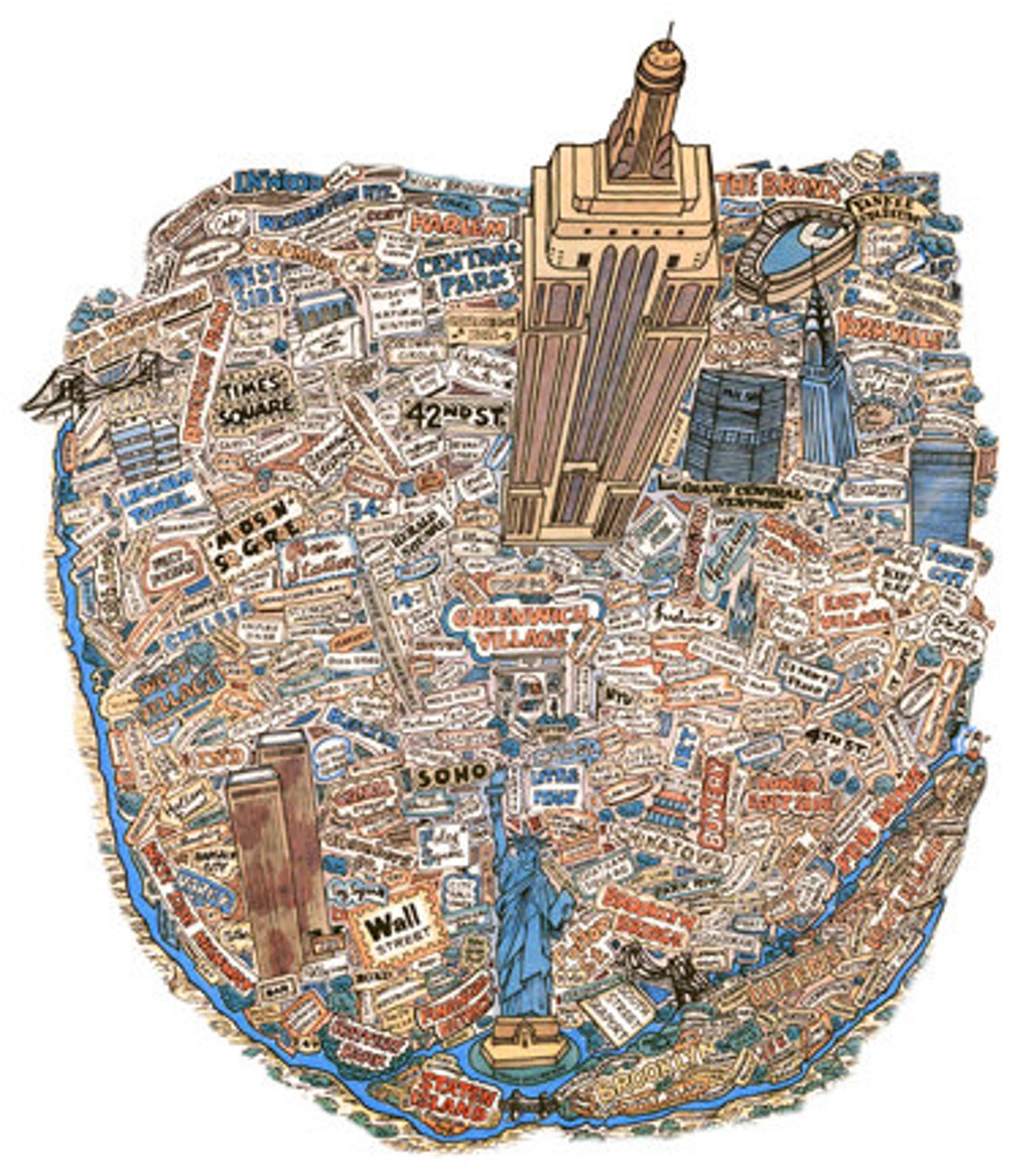 Manhattan Map Vintage 1980s Art Illustration New York City NYC Boroughs ...