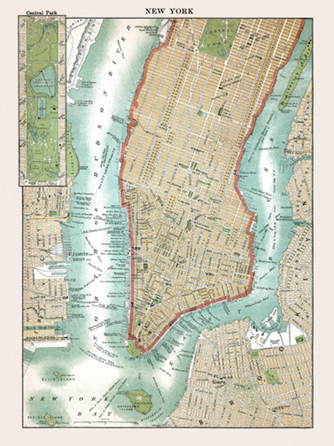 Lower Manhattan Map Vintage 1800s Art Illustration New York City NYC ...