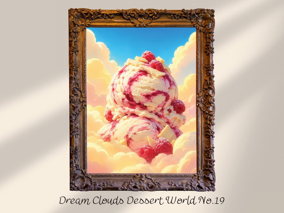 White Chocolate Raspberry Ice Cream Art, Dreamy Dessert Kitchen Wall ...