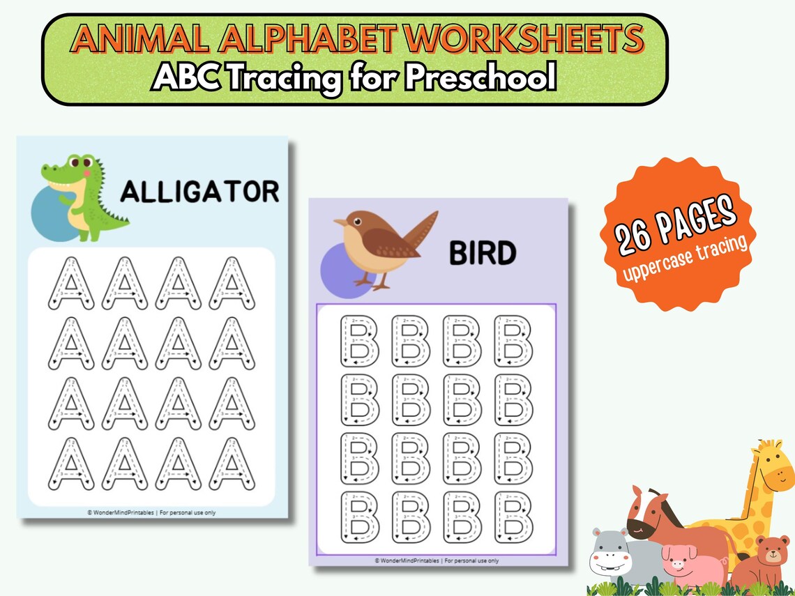 Animal Alphabet Kids Worksheets, ABC Tracing for Preschool, Uppercase ...