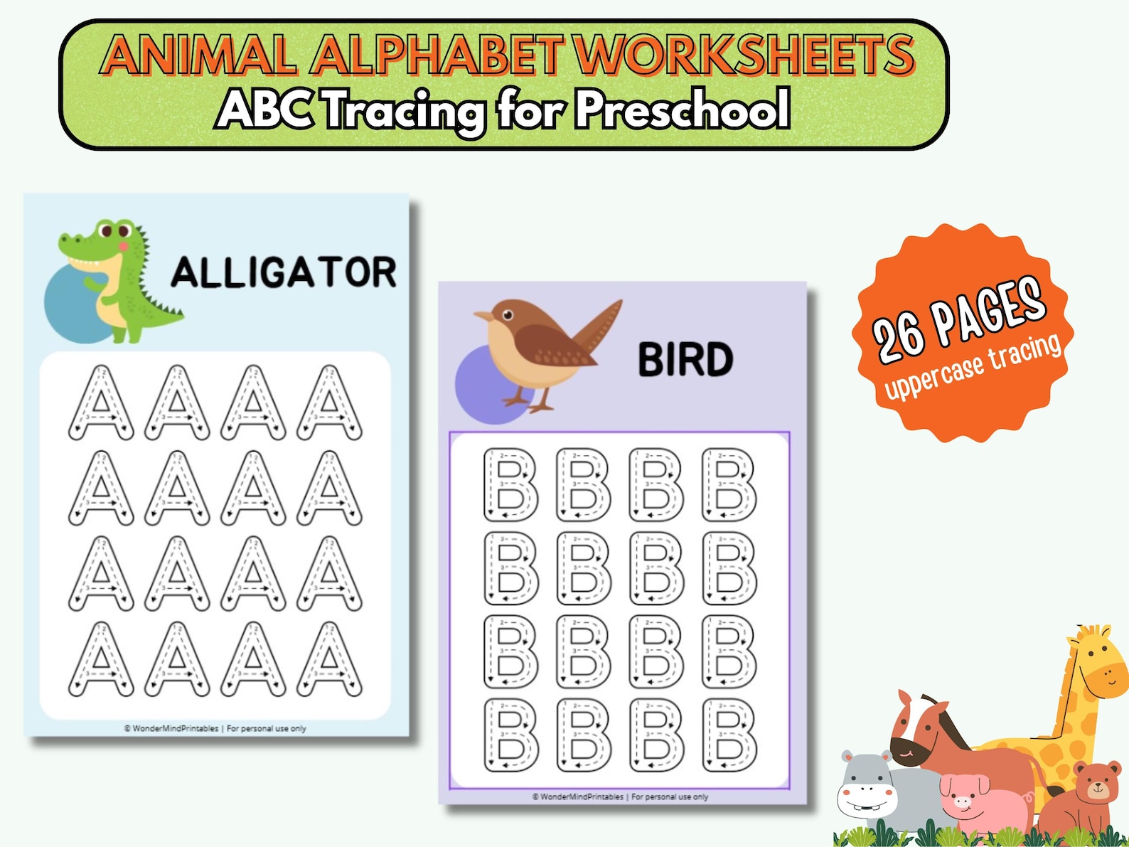 Animal Alphabet Kids Worksheets, ABC Tracing for Preschool, Uppercase ...