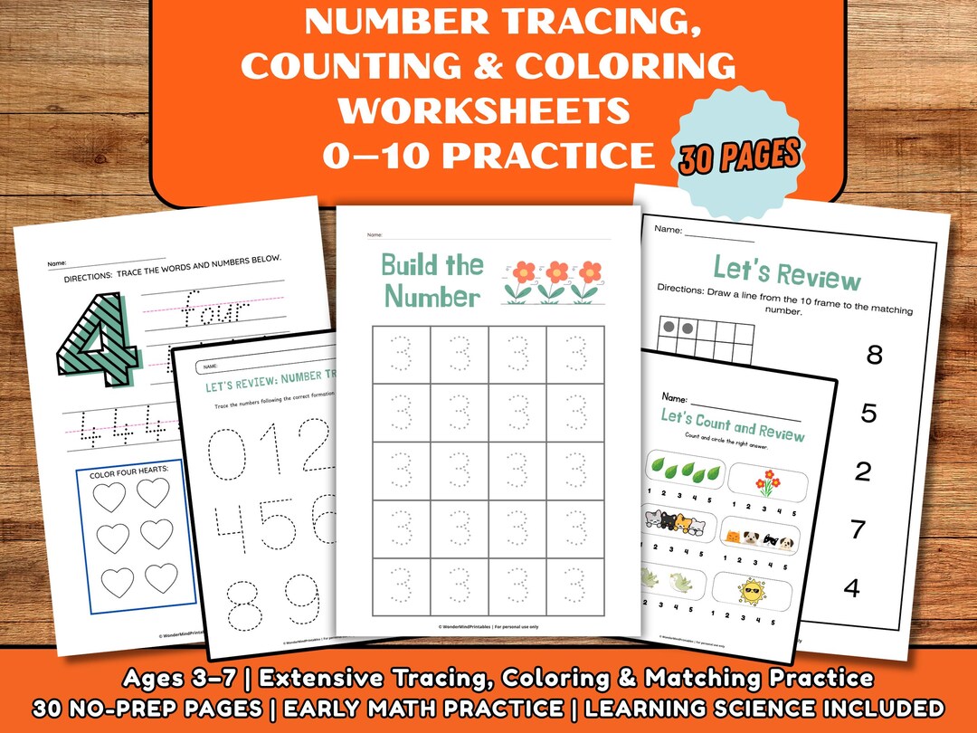 Number Tracing and Counting 30 Worksheets Bundle | 0–10 Practice ...