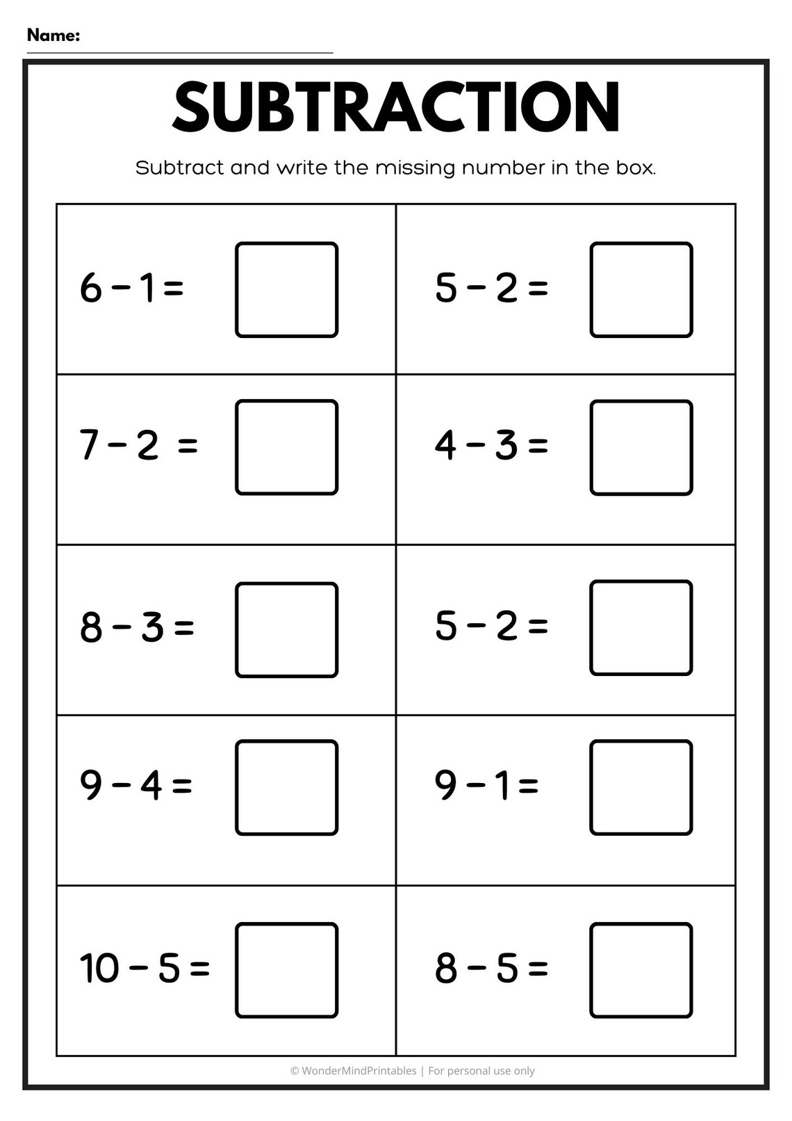 20 Printable Kindergarten Subtraction Worksheets | No Borrowing ...
