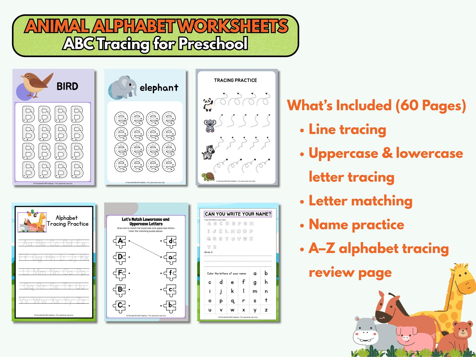 Animal Alphabet Kids Worksheets, ABC Tracing for Preschool, Uppercase ...