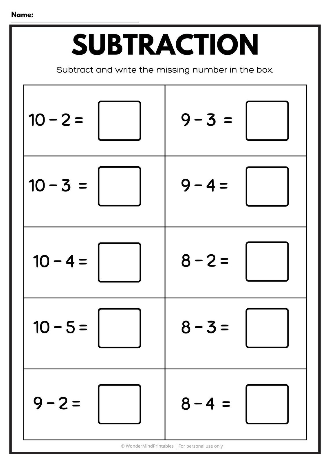 20 Printable Kindergarten Subtraction Worksheets | No Borrowing ...