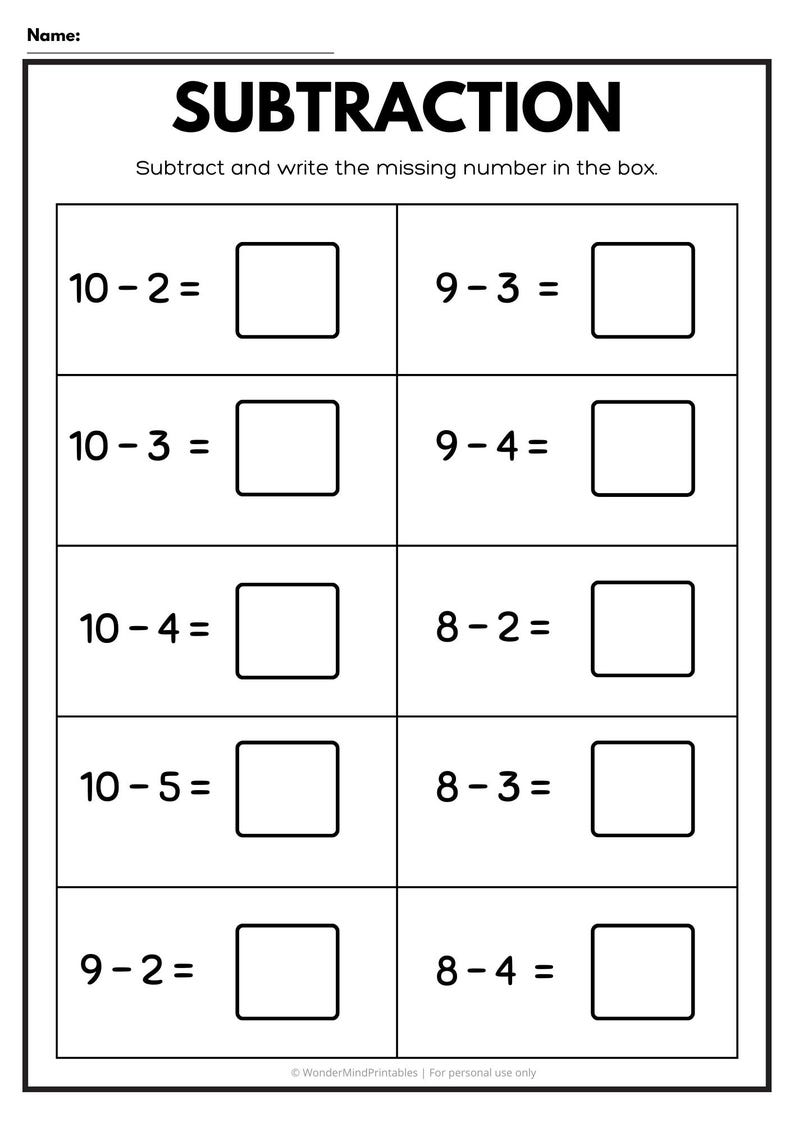 20 Printable Kindergarten Subtraction Worksheets | No Borrowing ...