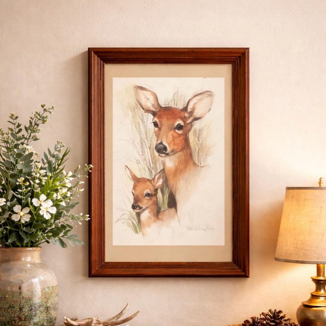 Vintage Paul Whitney Hunter Deer Print Framed Wildlife Art Doe and Fawn ...