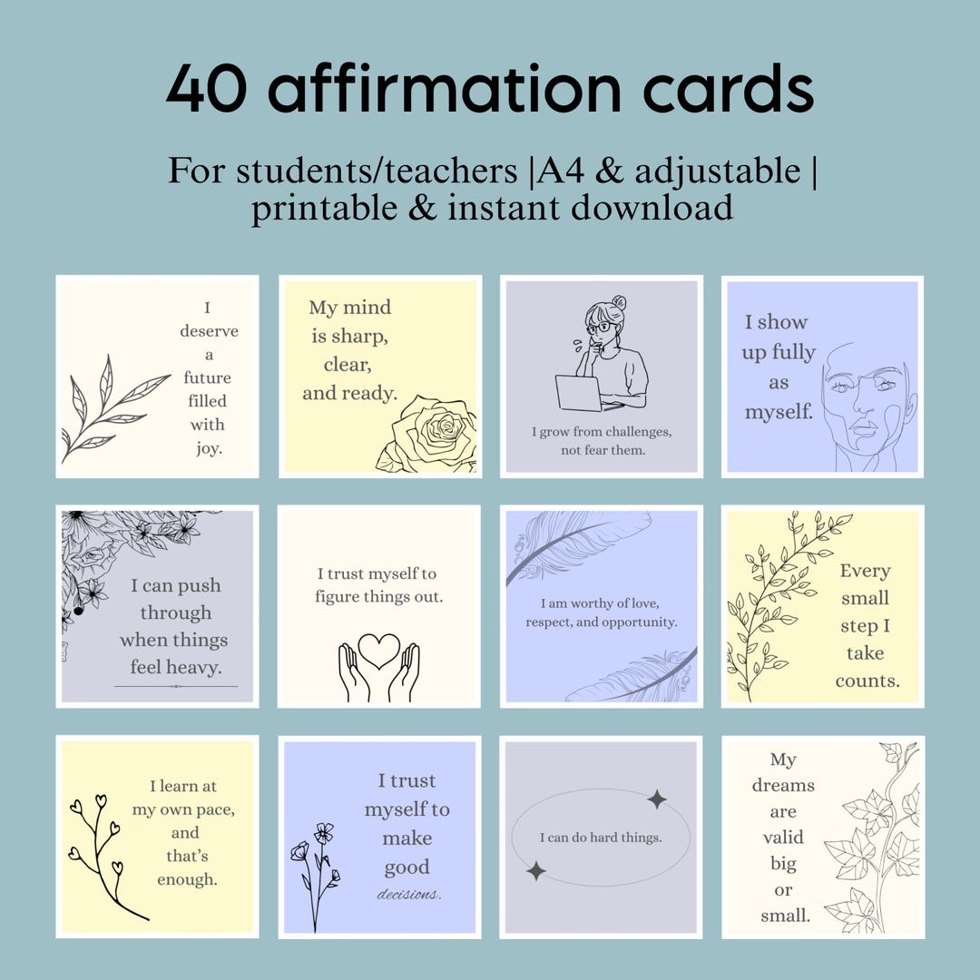 40 Printable Affirmation Cards, Students and Teachers, Digital Cards ...