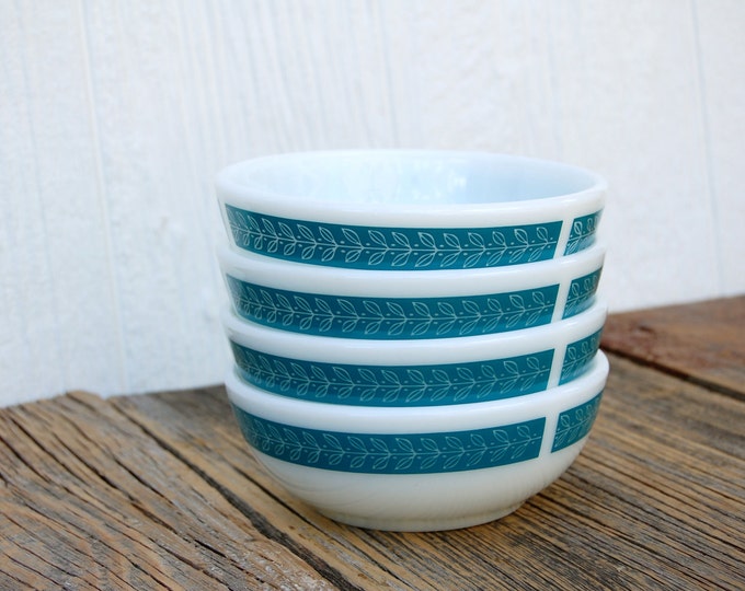 1950's Vintage Pyrex Teal Blue Leaf Stripe, Autumn Bands Pattern Bowls ...