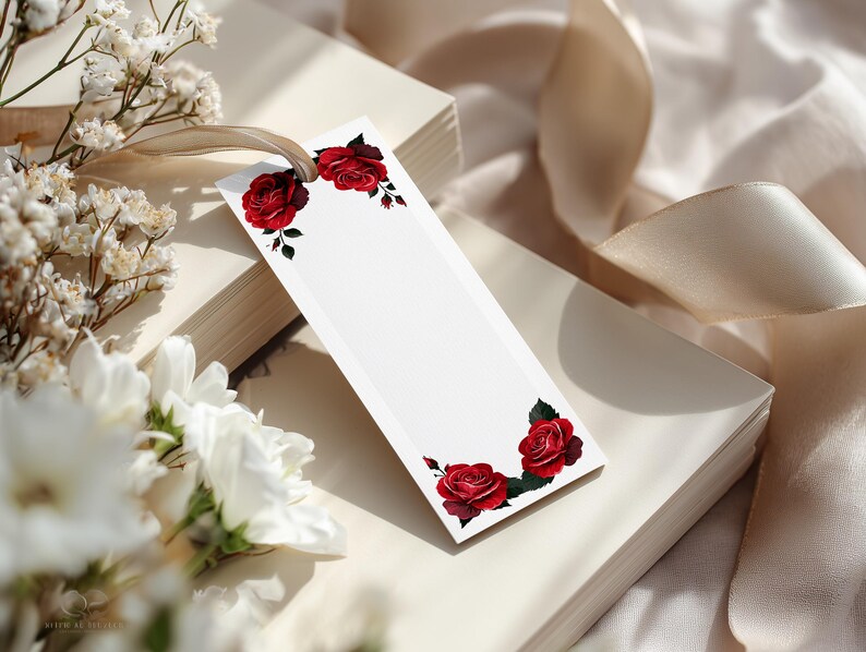 Red Rose Bookmarks Printable, Watercolor Rose Floral Bookmark Set ...