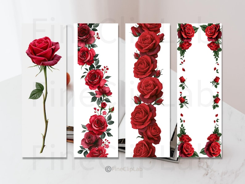 Red Rose Bookmarks Printable, Watercolor Rose Floral Bookmark Set ...