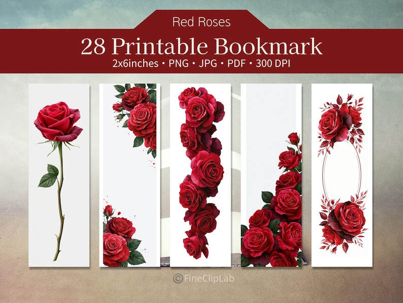 Red Rose Bookmarks Printable, Watercolor Rose Floral Bookmark Set ...