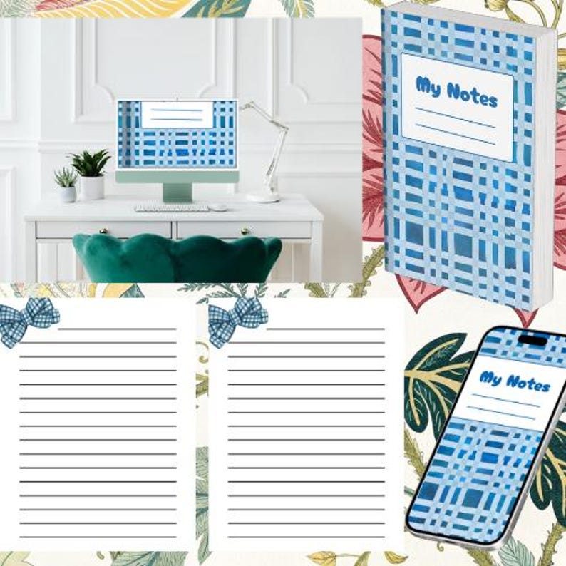 Blue Bow Digital Notebook | Printable Lined Pages | My Notes Notebook ...
