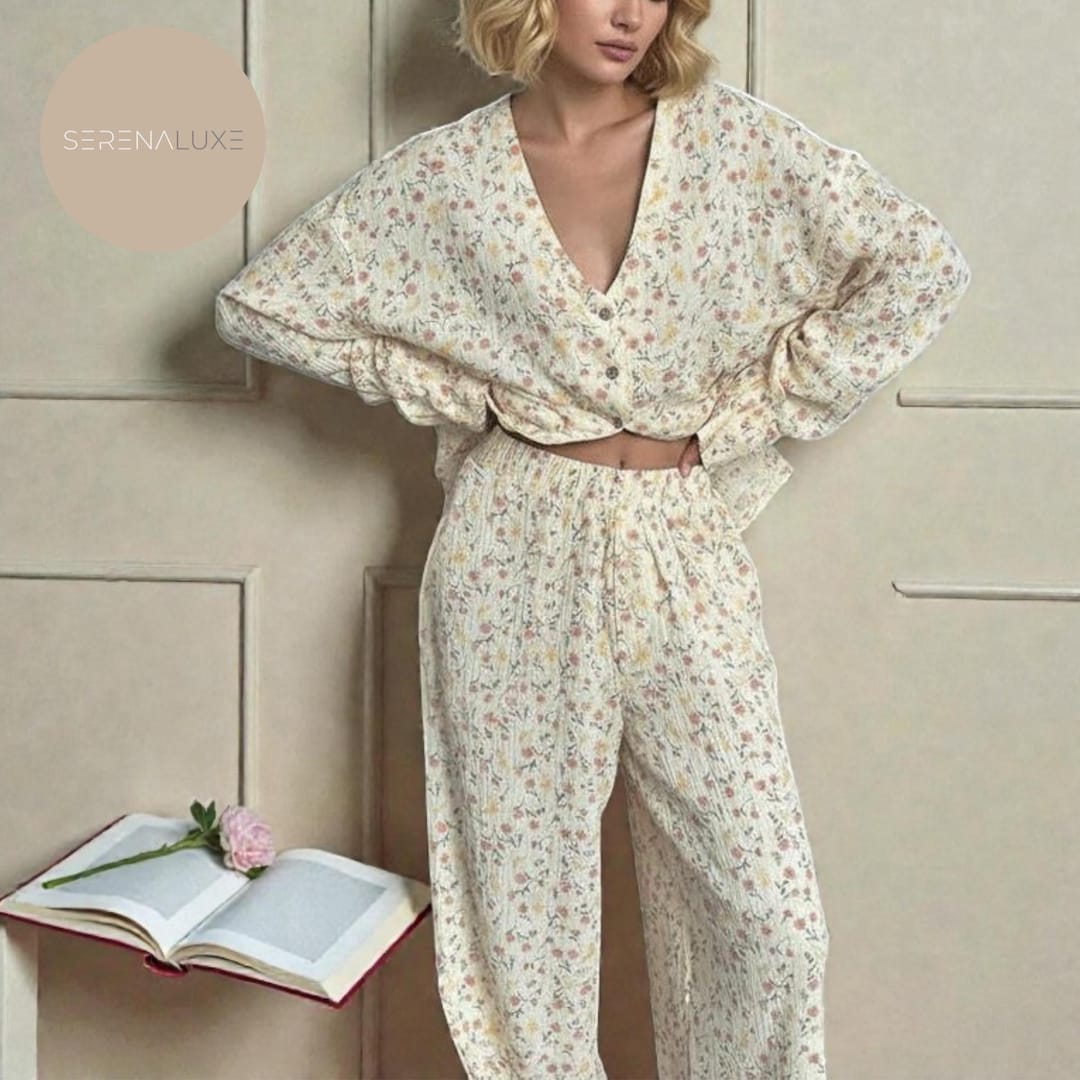 Floral Muslin Women Pajama Set: Ruffle Trim, 100% Cotton Lounge ...