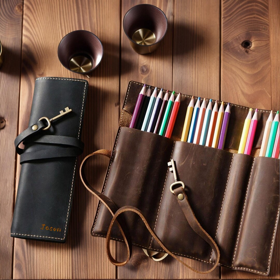 Leather Pencil Roll Case – Roll-up Pen Storage Pouch, Colored Pencil ...