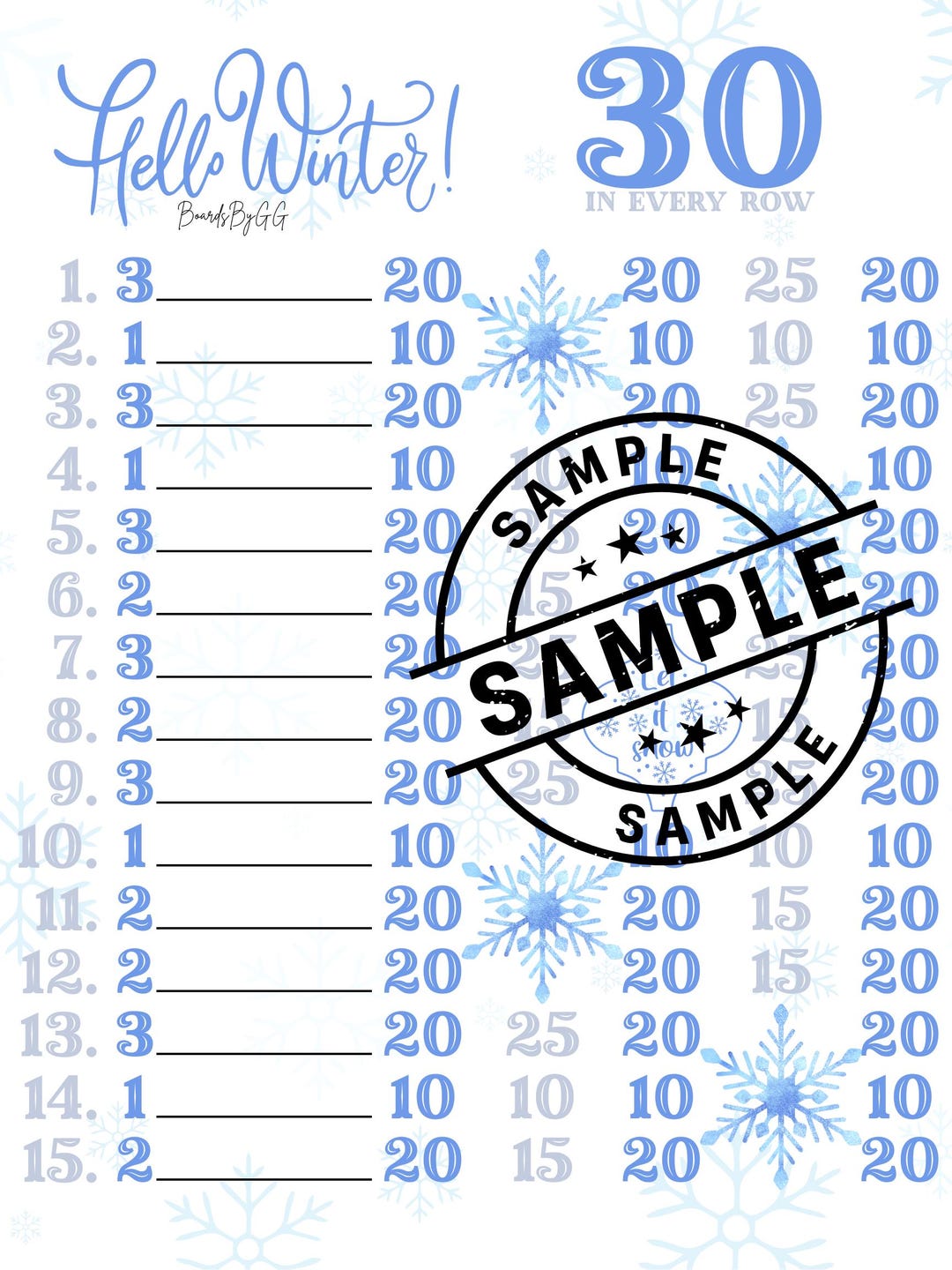 30 WTA Bingo | Hello Winter Bingo | BNO Card | Online Bingo Game Card ...