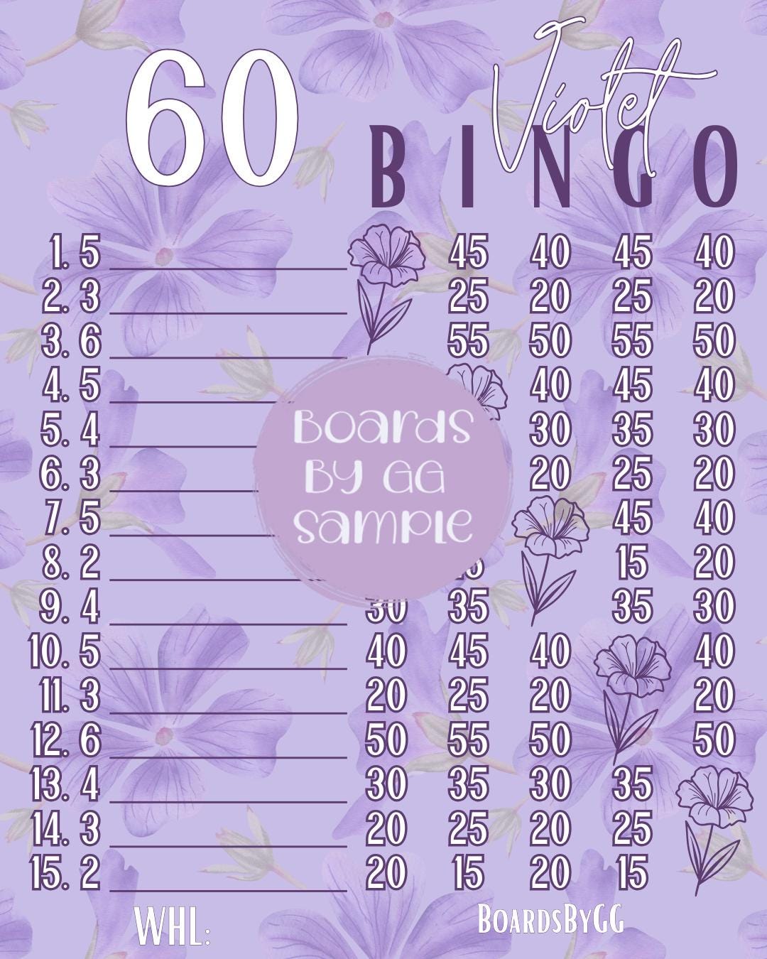 60 WTA | Violet Bingo Board | Digital Download - Etsy