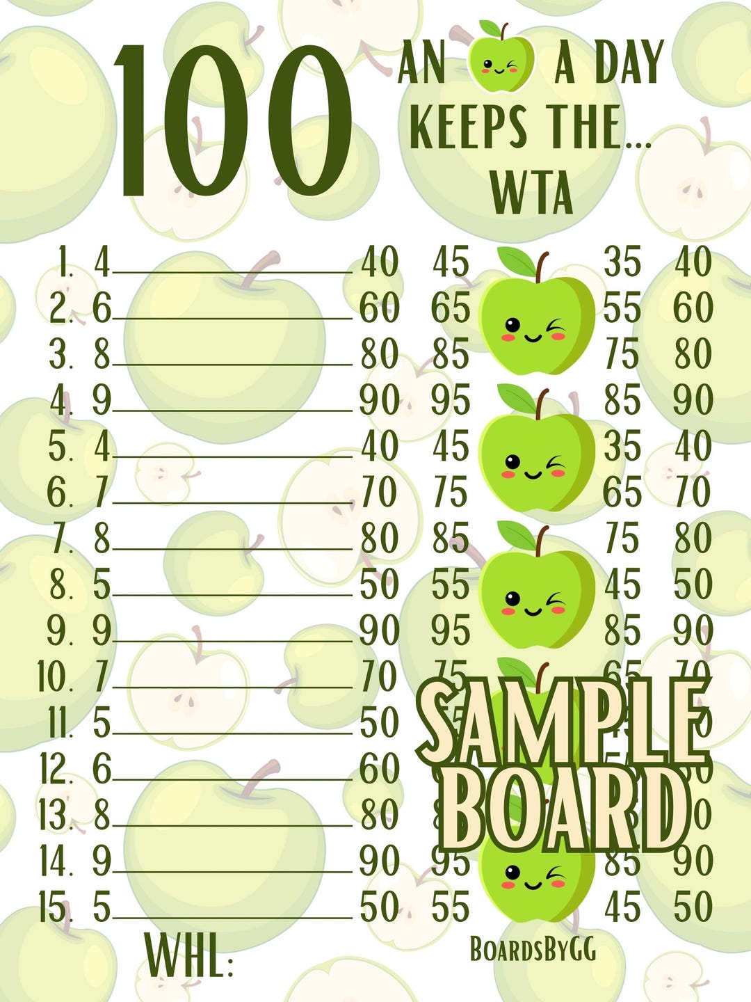 100 WTA | Apple Bingo Board | Digital Download - Etsy
