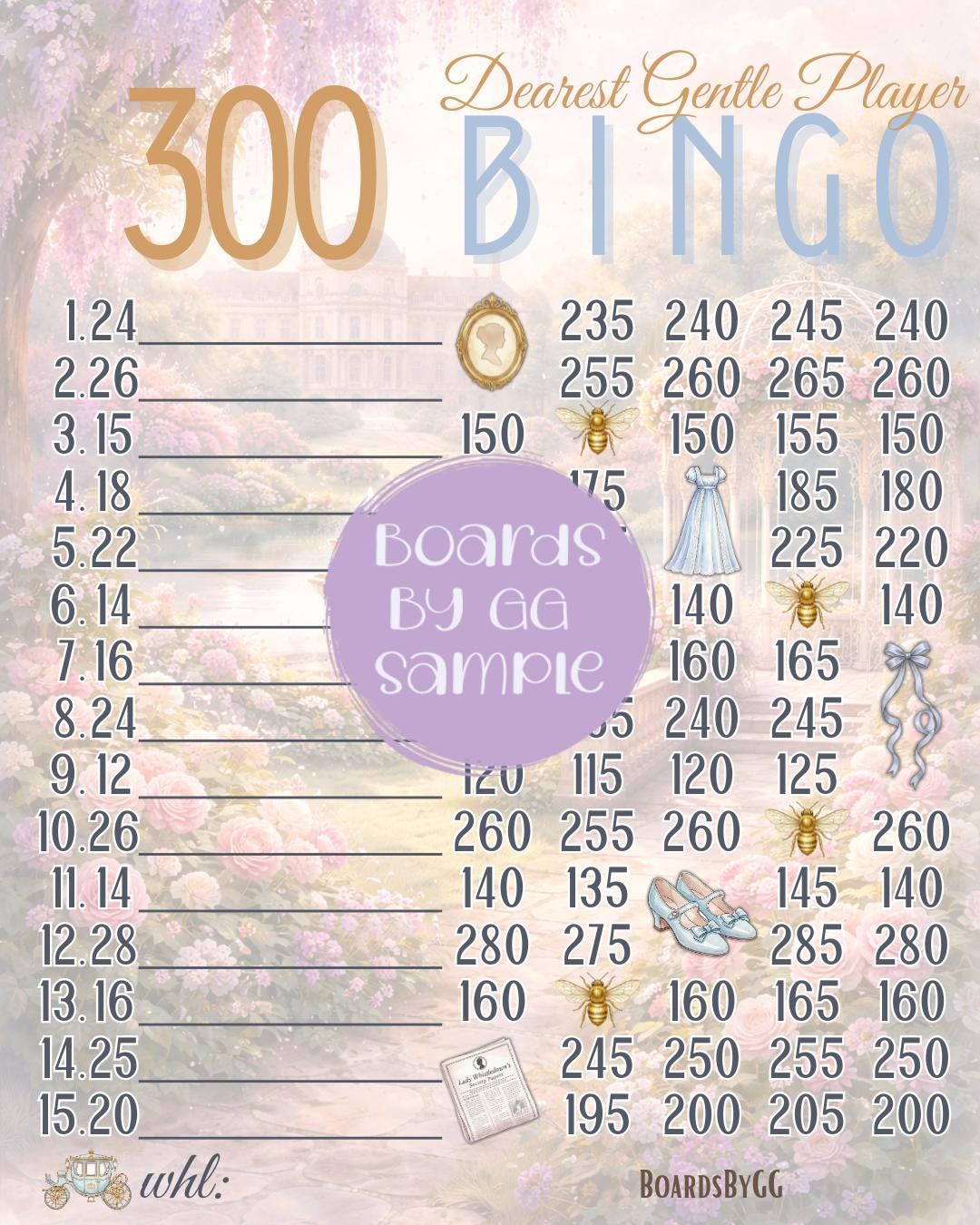 300 WTA | Dearest Gentle Player Bingo Board | Digital Download - Etsy