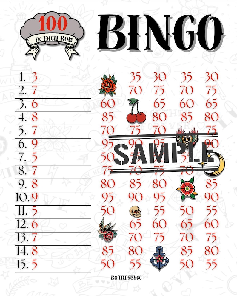 100 WTA Bingo | Tattoo Flash Bingo | BNO Card | Online Bingo Game Card ...