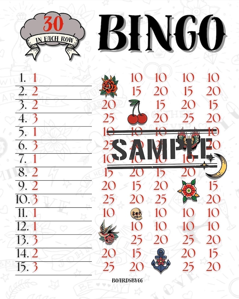 30 WTA Bingo | Tattoo Flash Bingo | BNO Card | Online Bingo Game Card ...