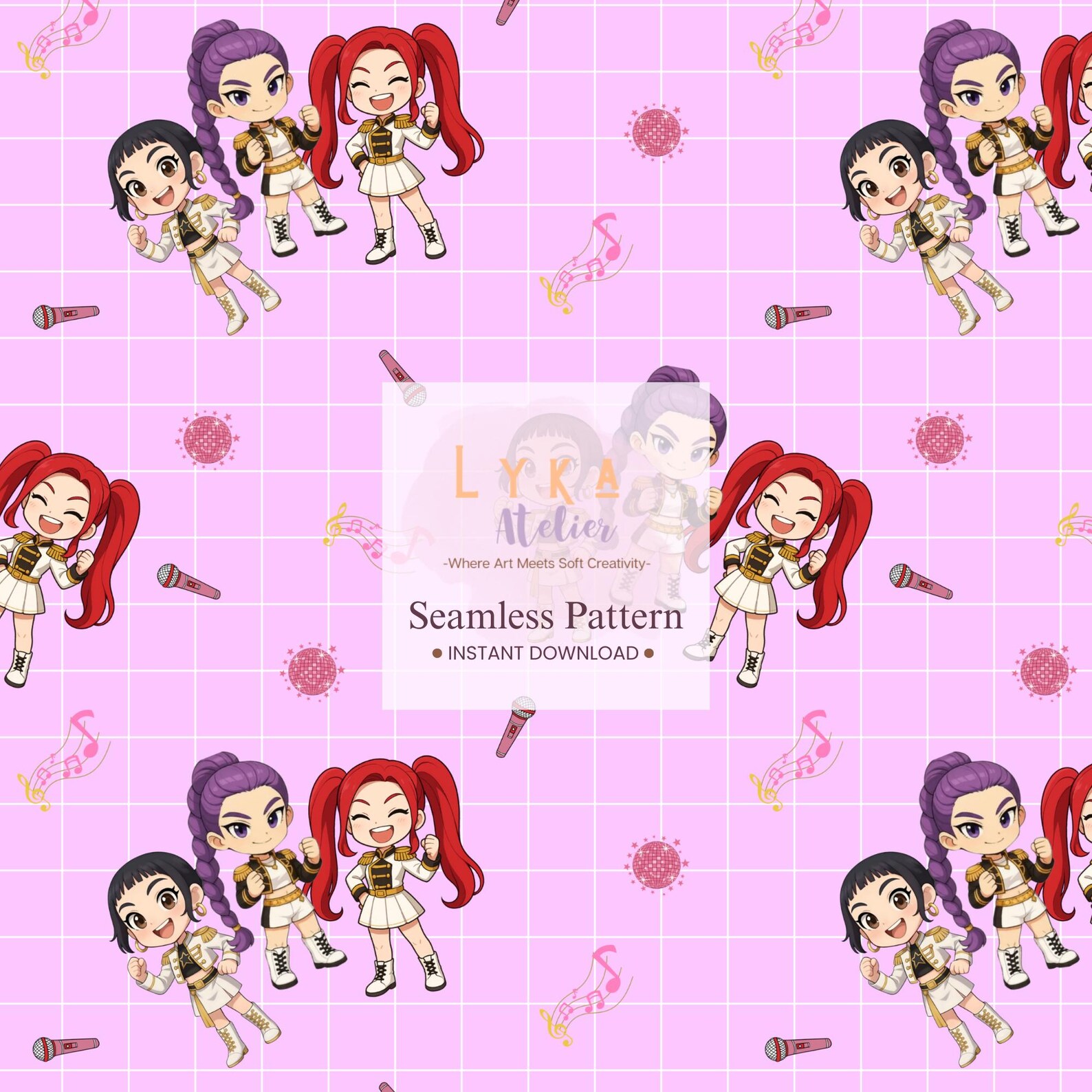 Huntrix Kpop Demon Hunter Seamless Pattern, Chibi Idol Girl, Kpop ...