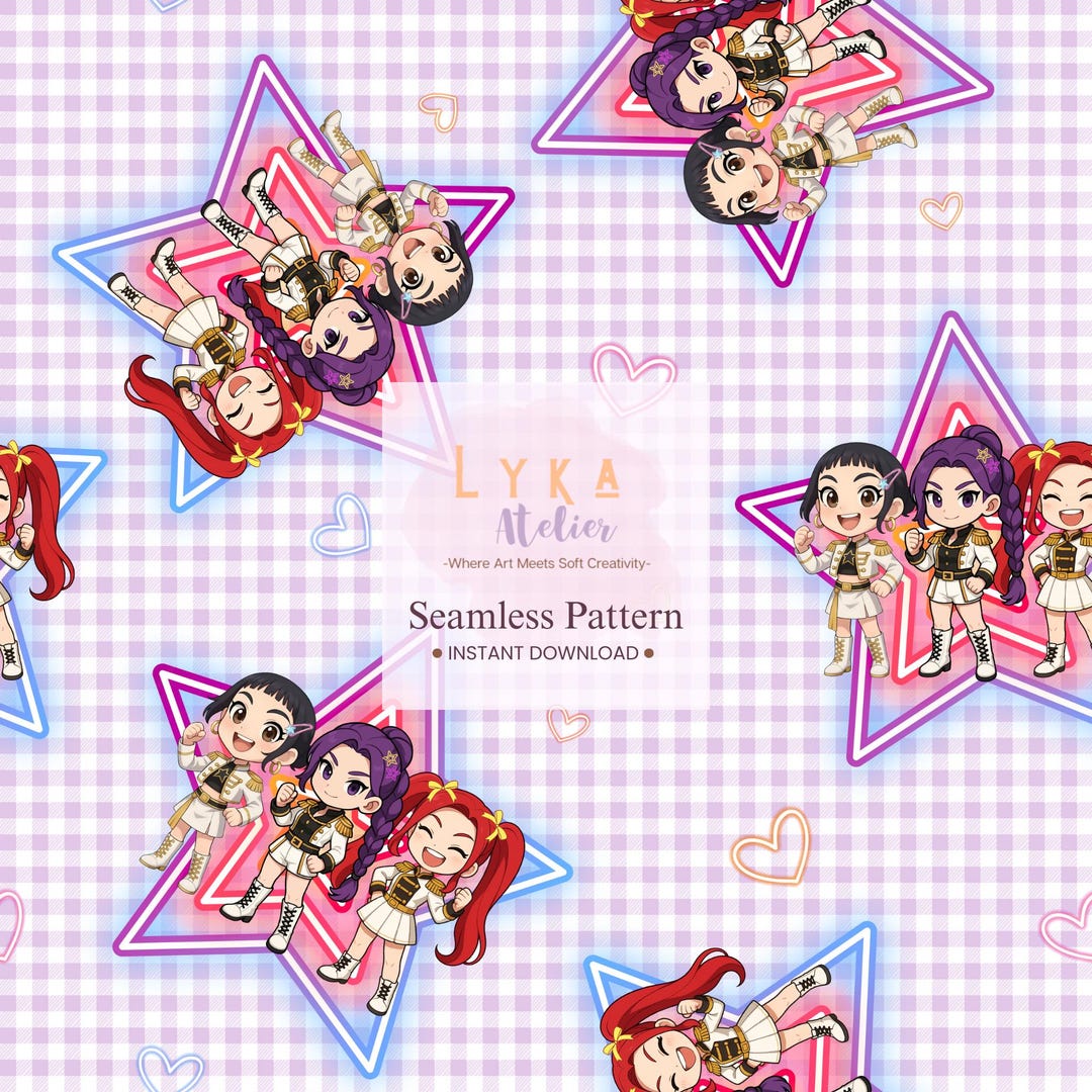 Huntrix Kpop Chibi Girls Seamless Pattern, Pastel Gingham Star ...