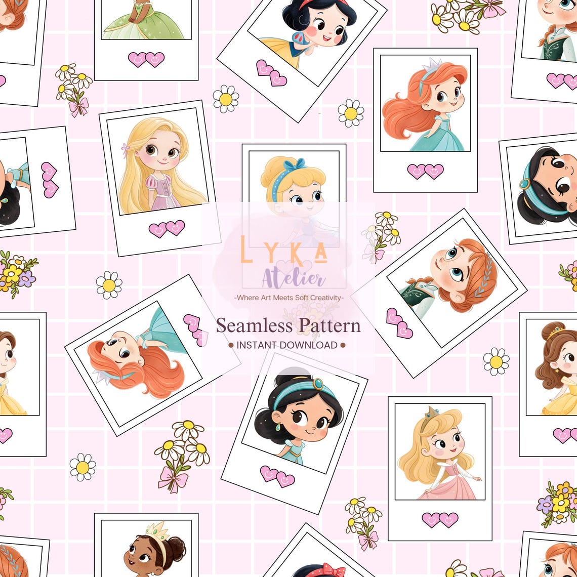 Princess Polaroid Seamless Pattern, Pink Grid Background, Digital Paper ...