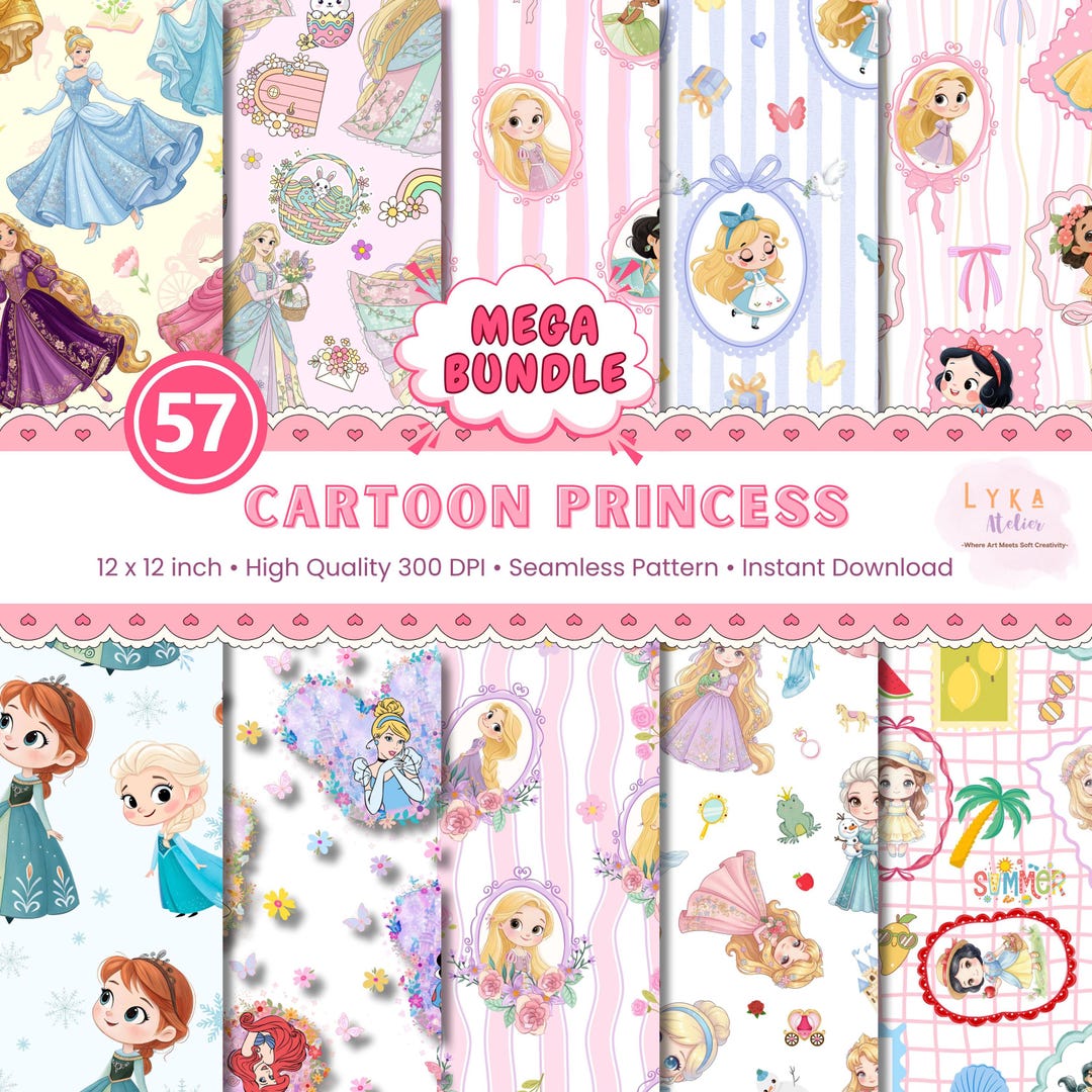 Cartoon Princess Seamless Pattern, Fairy Tale Digital Paper, Kids ...