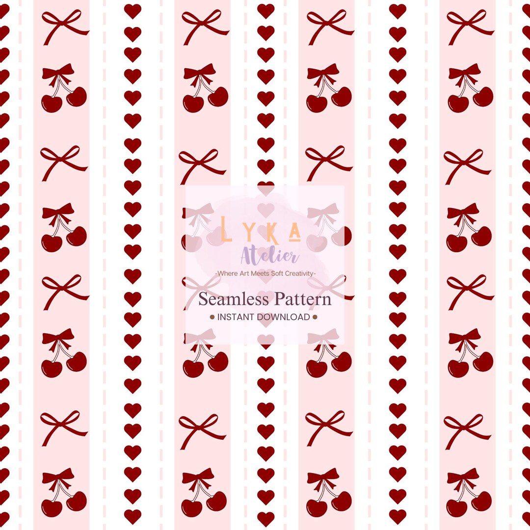 Valentine Coquette Cherry Bow Seamless Pattern, Pink Hearts Stripe ...