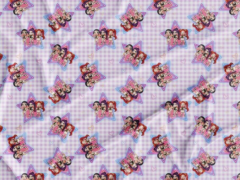Huntrix Kpop Chibi Girls Seamless Pattern, Pastel Gingham Star ...