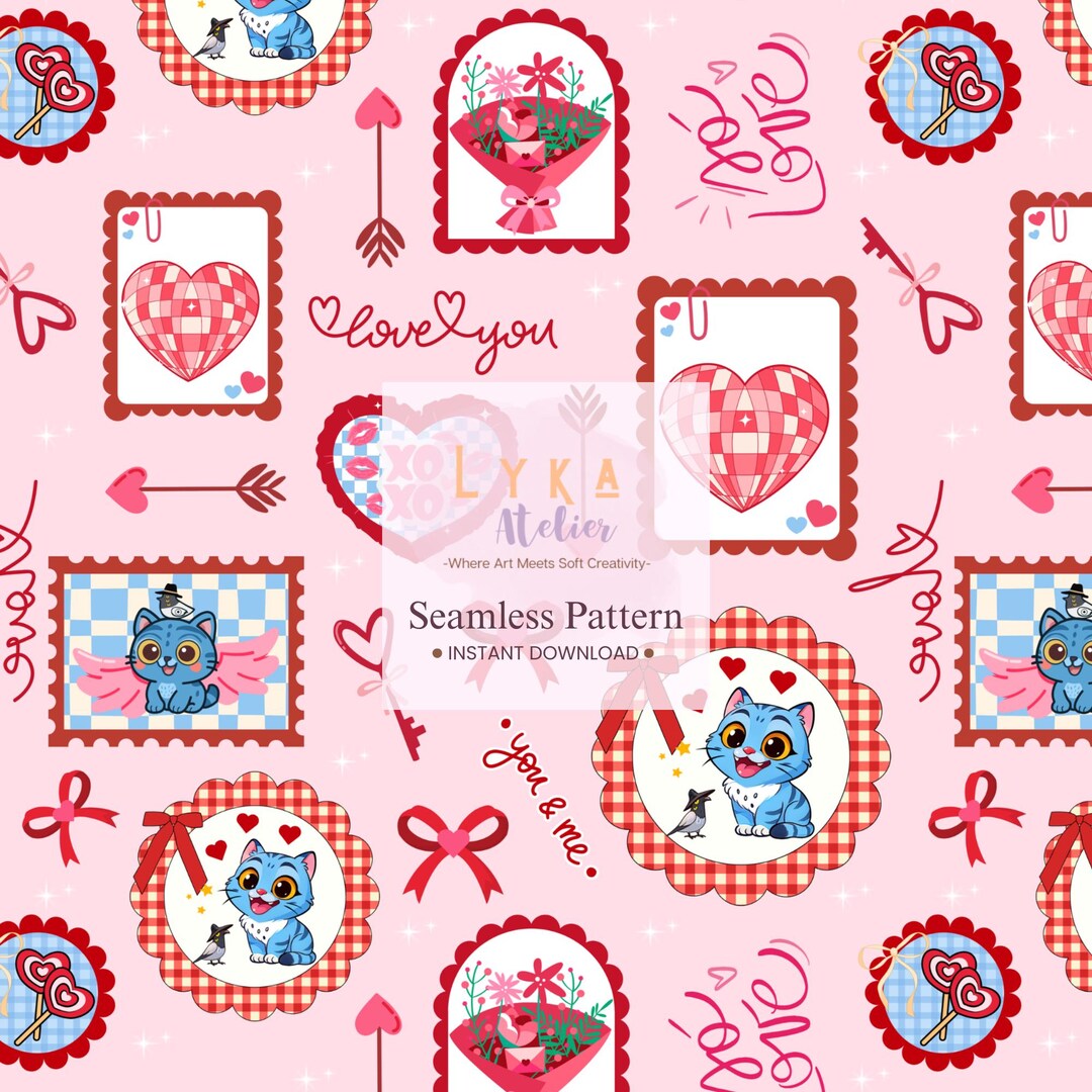 Valentine Seamless Pattern, Derpy Tiger Blue Character, Pink Heart ...