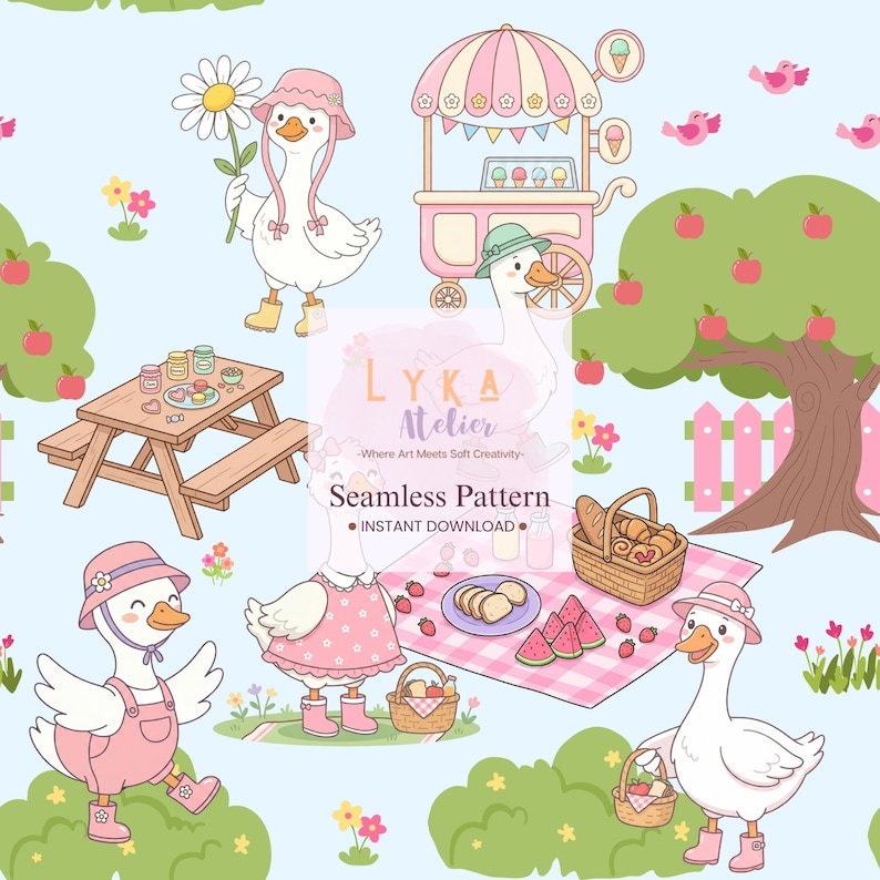 Goose Picnic Seamless Pattern, Farm Animals Cartoon, Kids Fabric Design ...