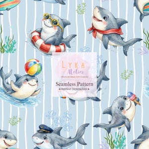 Shark Seamless Pattern, Ocean Cartoon Sharks Stripe Background, Kids ...