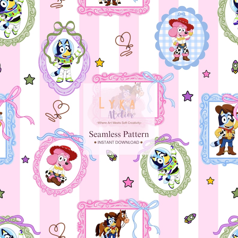 Dog Toy Seamless Pattern, Space Cowboy Cartoon Background, Pink Nursery ...