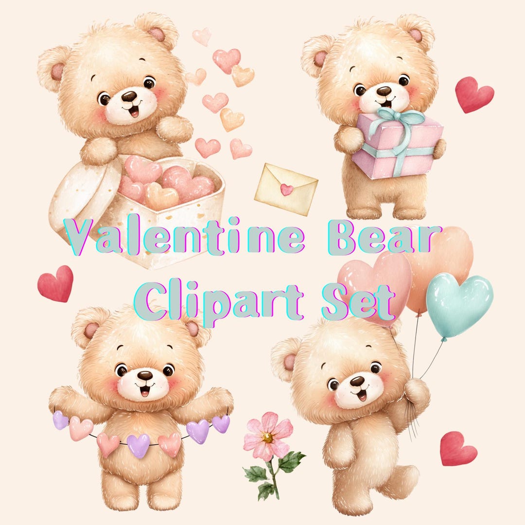 Teddy Bear Valentine Clipart, Watercolor Bear PNG, Heart Balloons ...