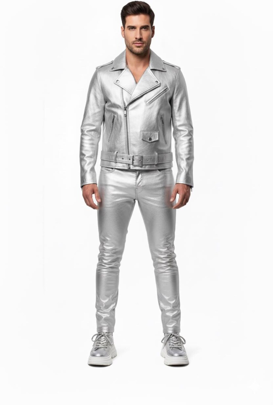 Men’s Silver Metallic Leather Motorcycle Suit, Brando Style - Etsy