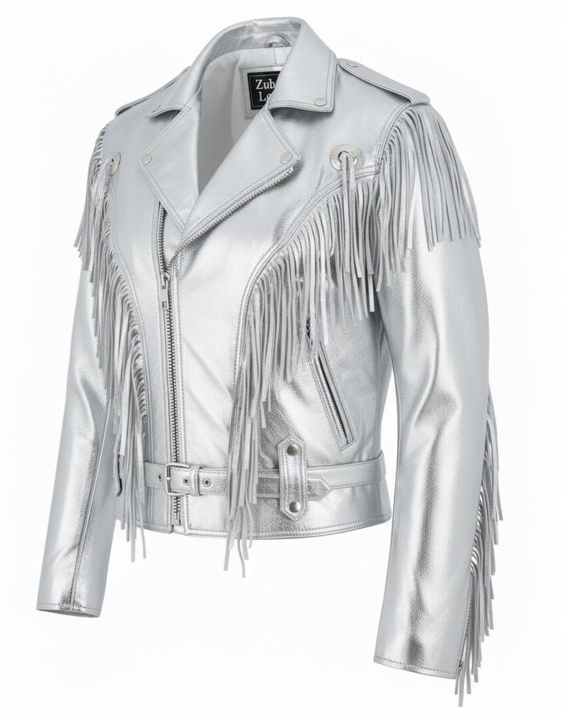 Men's Silver Metallic Leather Fringe Biker Jacket, Handmade - Etsy
