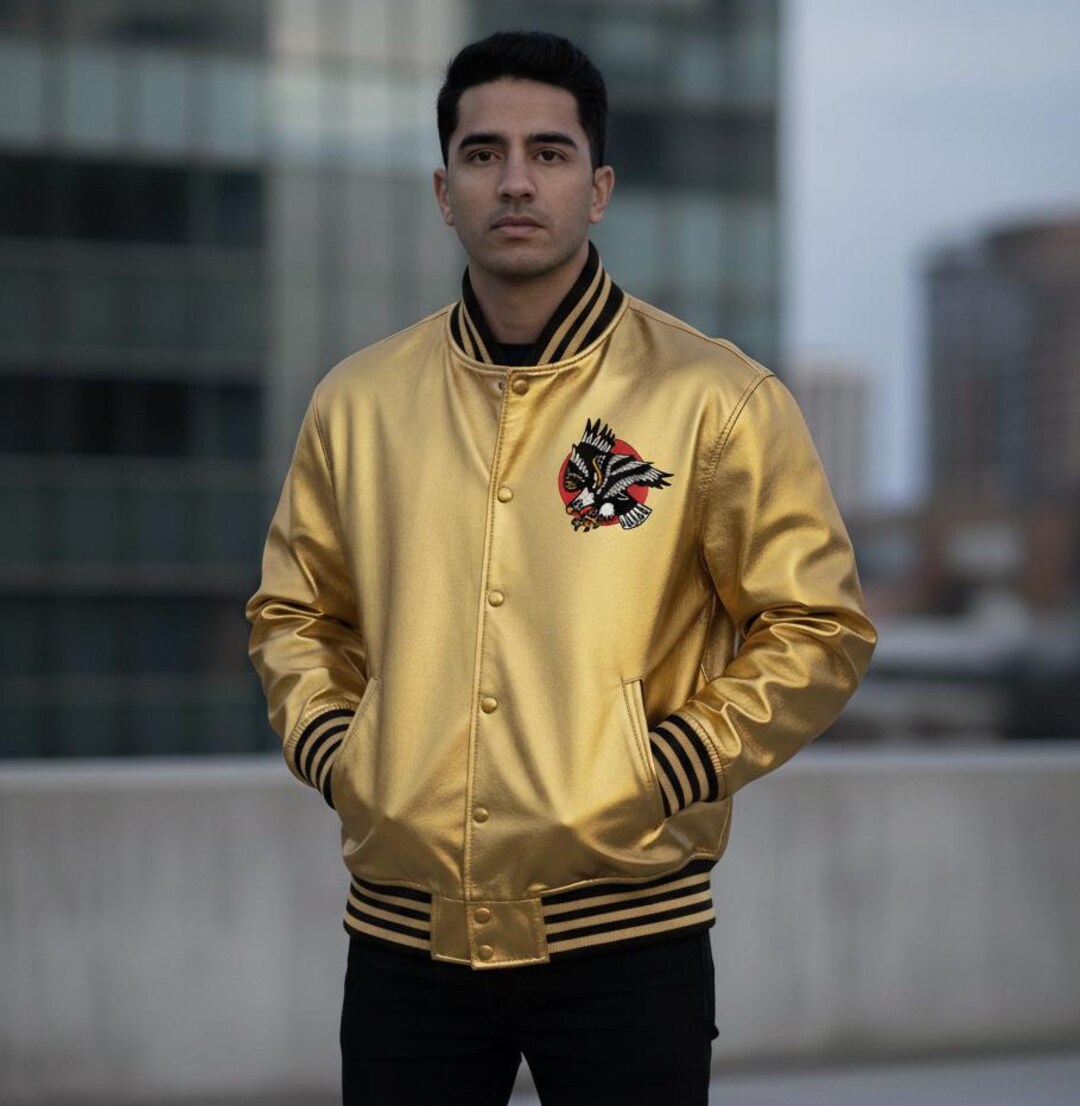 Gold Metallic Leather Bomber Jacket: Men's Varsity Style - Etsy