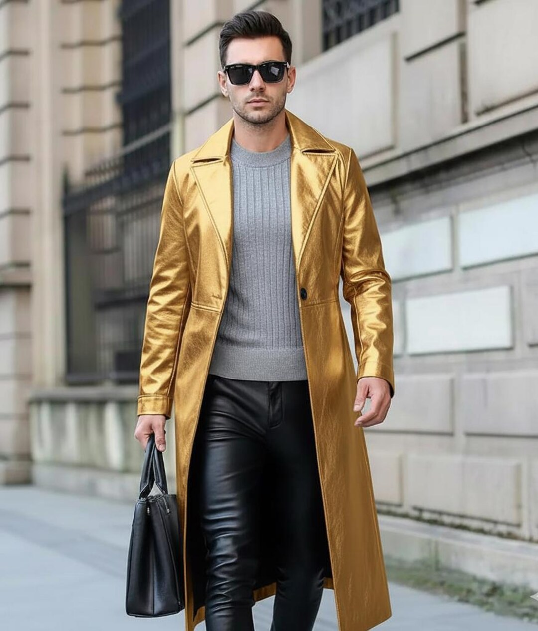 Men's Gold Metallic Leather Overcoat: Royal European Style - Etsy