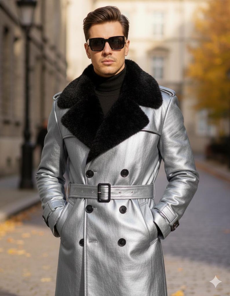 Men's Luxury Silver Metallic Real Leather Coat / Warm Winter Faux Fur ...