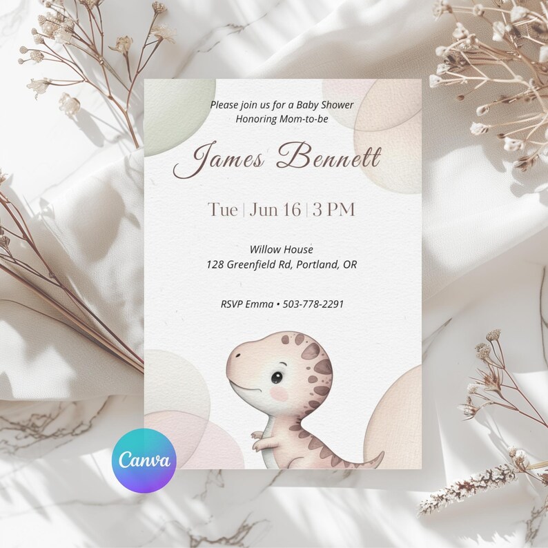Dinosaur Baby Shower Invitation Editable Canva Template Neutral Dino ...