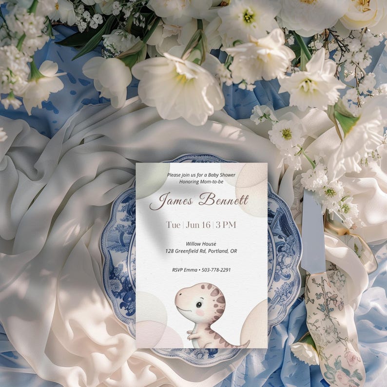 Dinosaur Baby Shower Invitation Editable Canva Template Neutral Dino ...